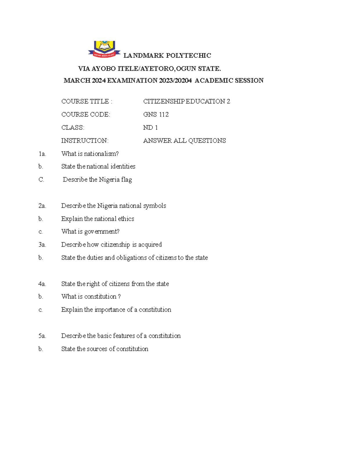 GNS 112 Final Exam: Citizenship Education 2 Questions and Guidelines - Studocu