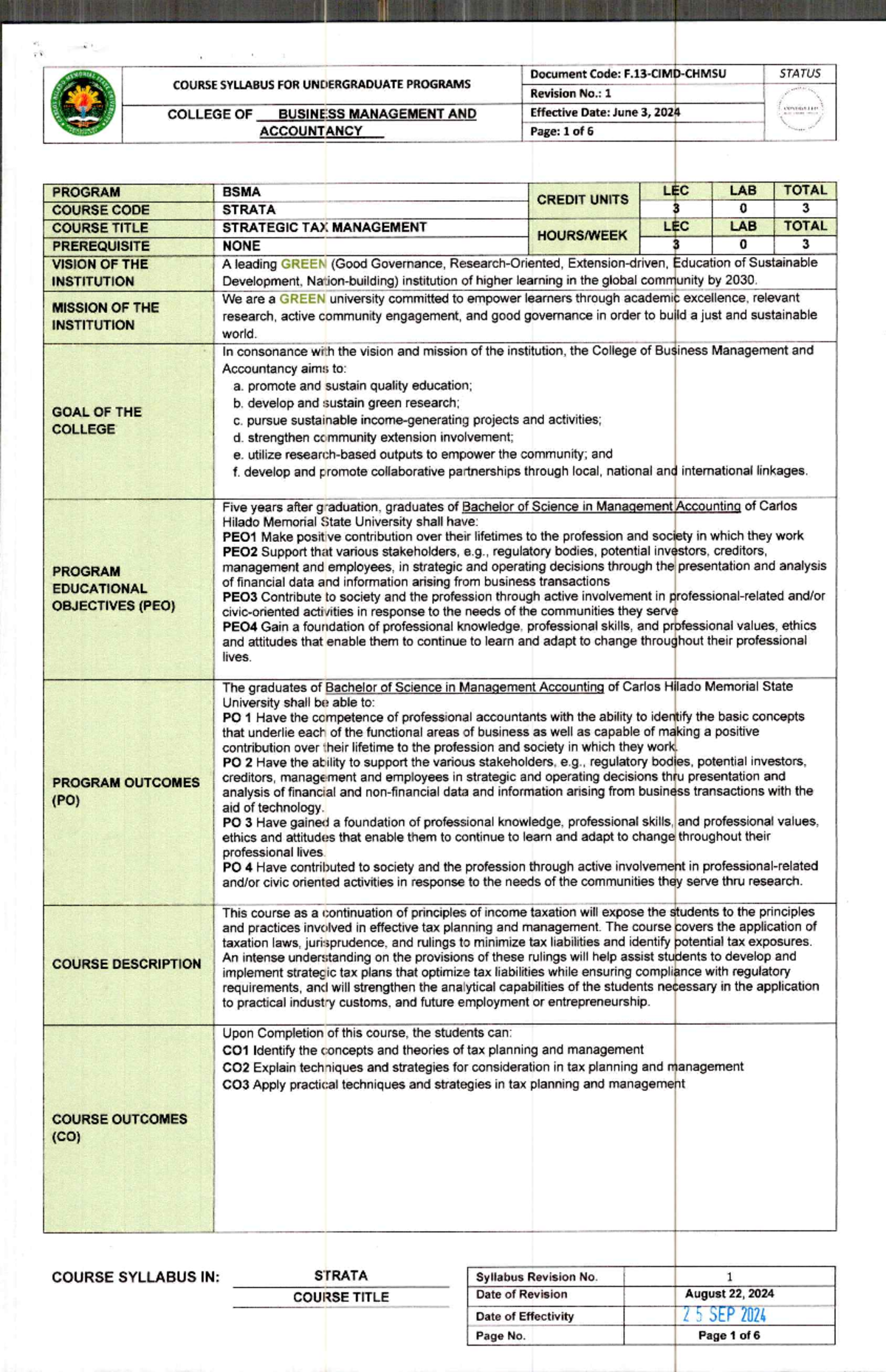 BSMA 2024: Strategic Tax Management Course Syllabus Overview - Studocu