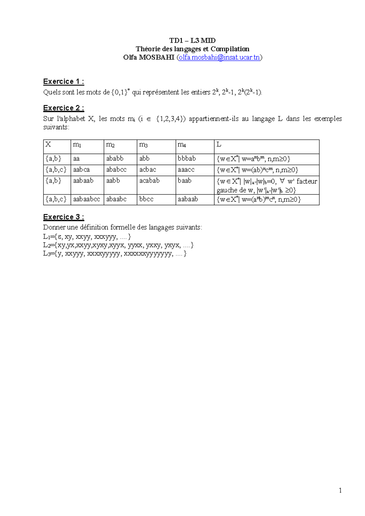 TD1-TLC - TD ET COURS - 1 TD1 – L3 MID Théorie des langages et ...