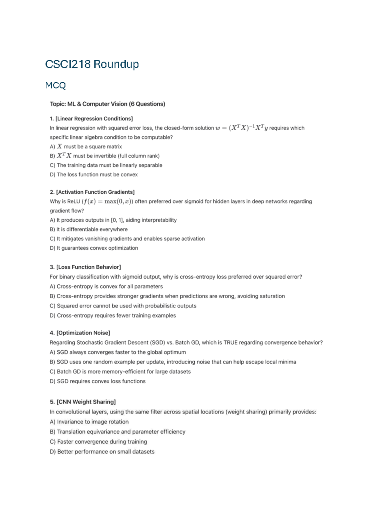 CSCI218 Roundup MCQ: ML Computer Vision & Probabilistic Reasoning - Studocu