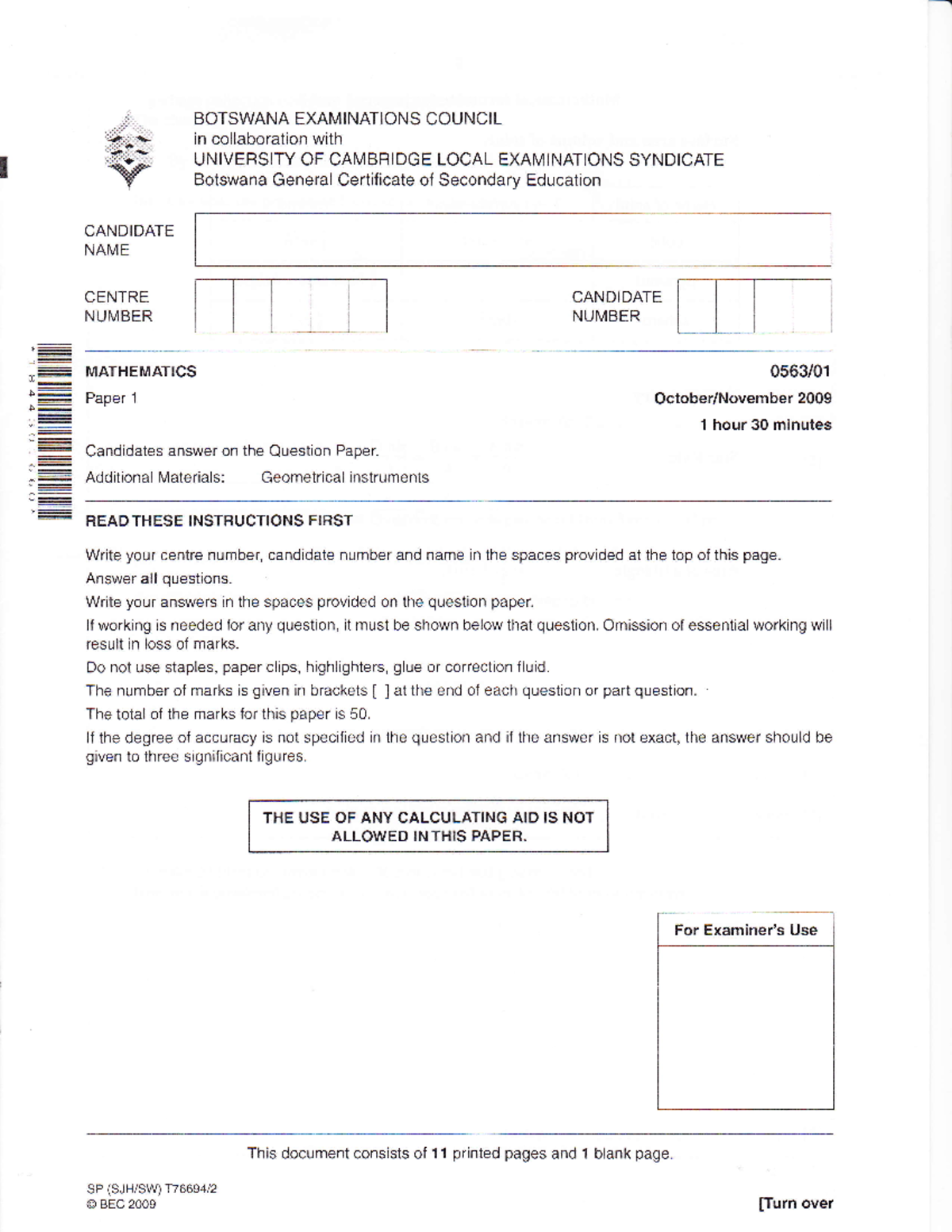 Bgcse Maths PP1 2009 - Revision Materials for Mathematics Exam - Studocu
