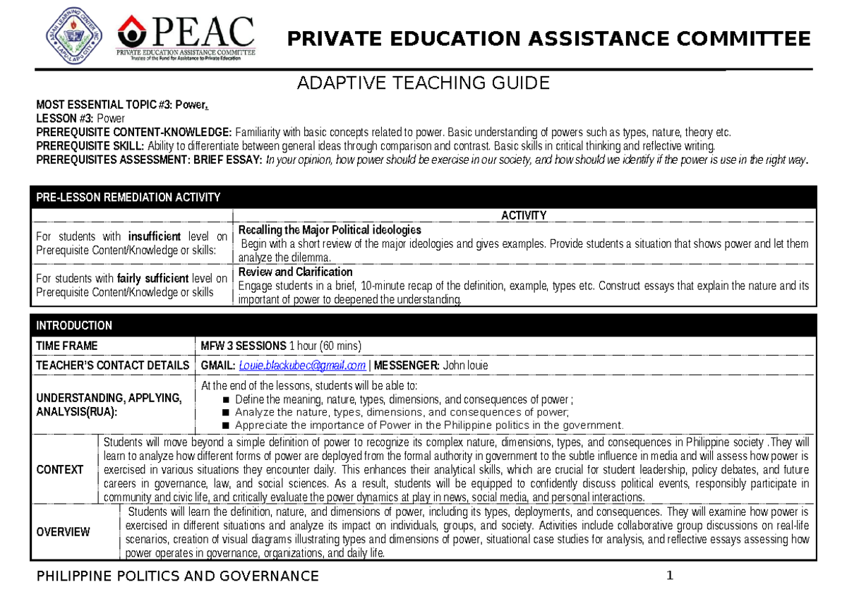 PPG ATG WEEK 2 - LESSON ON POWER IN PHILIPPINE POLITICS - Studocu