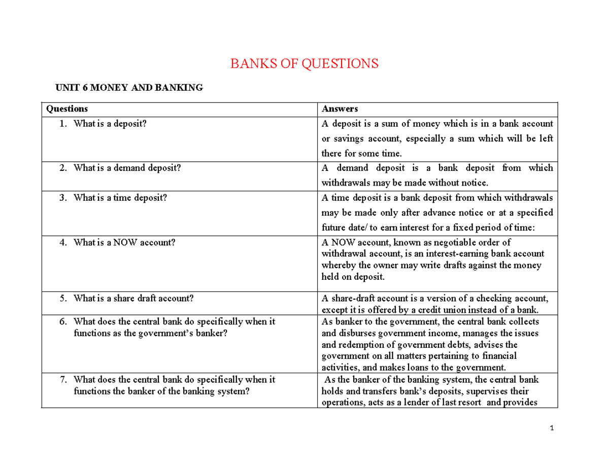Banks OF Questions - NMM - BANKS OF QUESTIONS UNIT 6 MONEY AND BANKING ...
