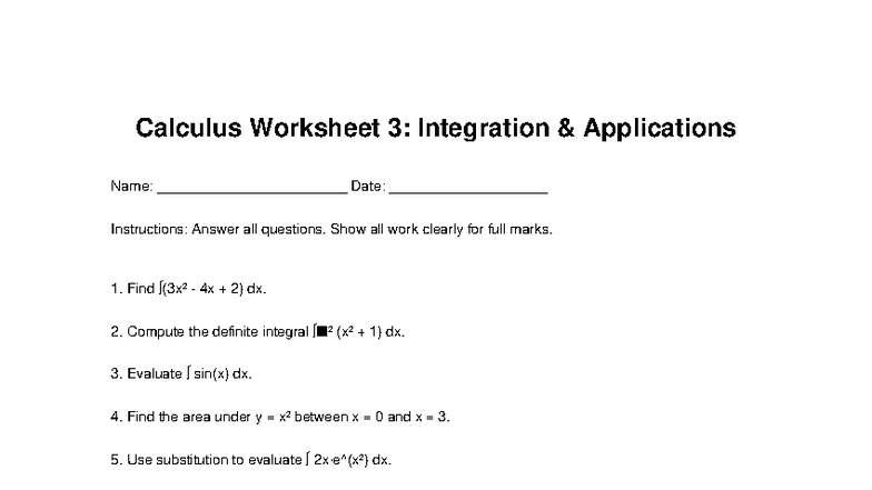 Calculus Worksheet 3: Applications of Integration Techniques - Studocu