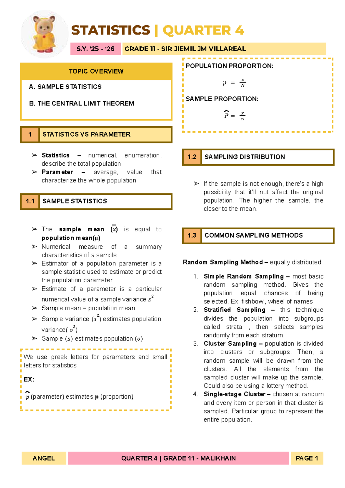 STATISTICS GRADE 11 S.Y. 4TH QUARTER: POPULATION PROPORTION OVERVIEW ...