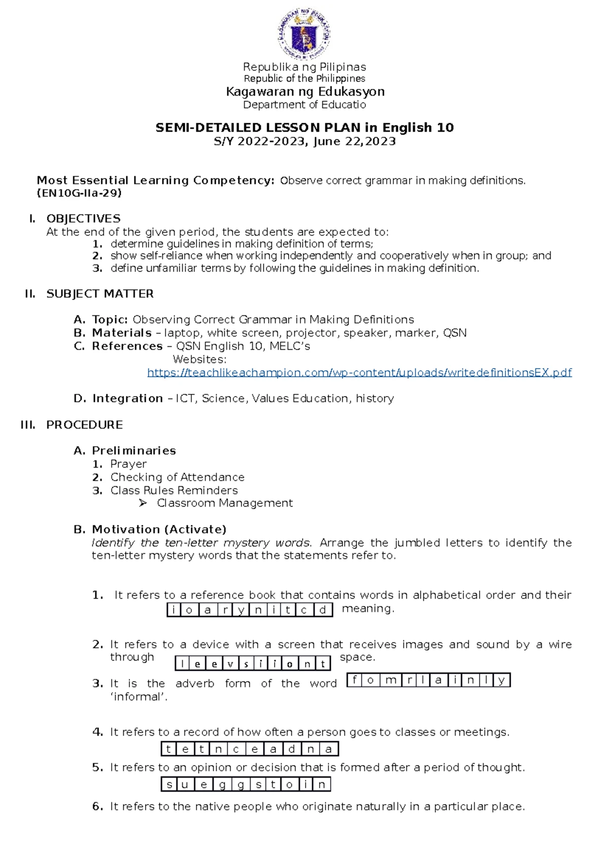 Matatag Curriculum English Lesson Plan for Grade 7 (Q2) - Studocu