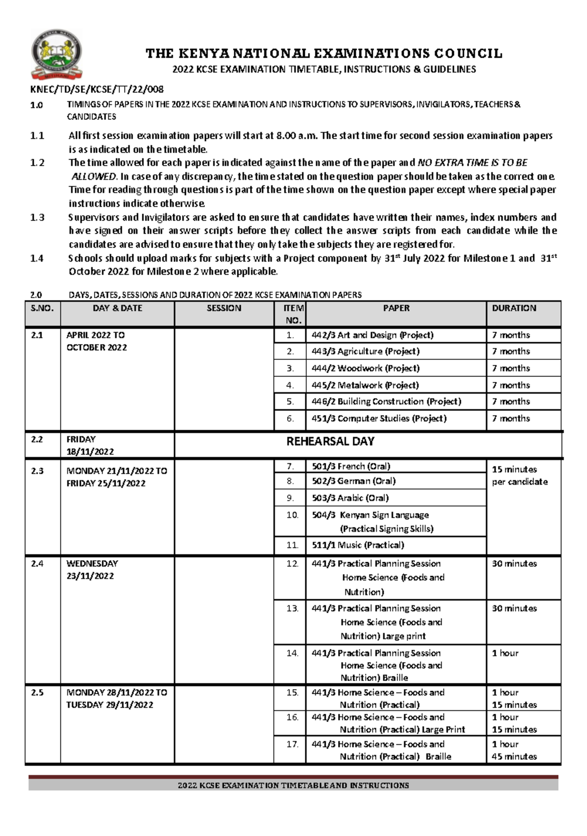 2022 KCSE Timetable & Guidelines for Candidates and Teachers - Studocu