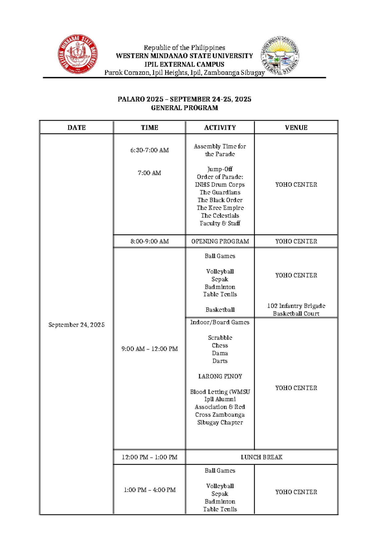 Revised Palaro 2025 Programs - WMSU Ipil External Campus - Studocu
