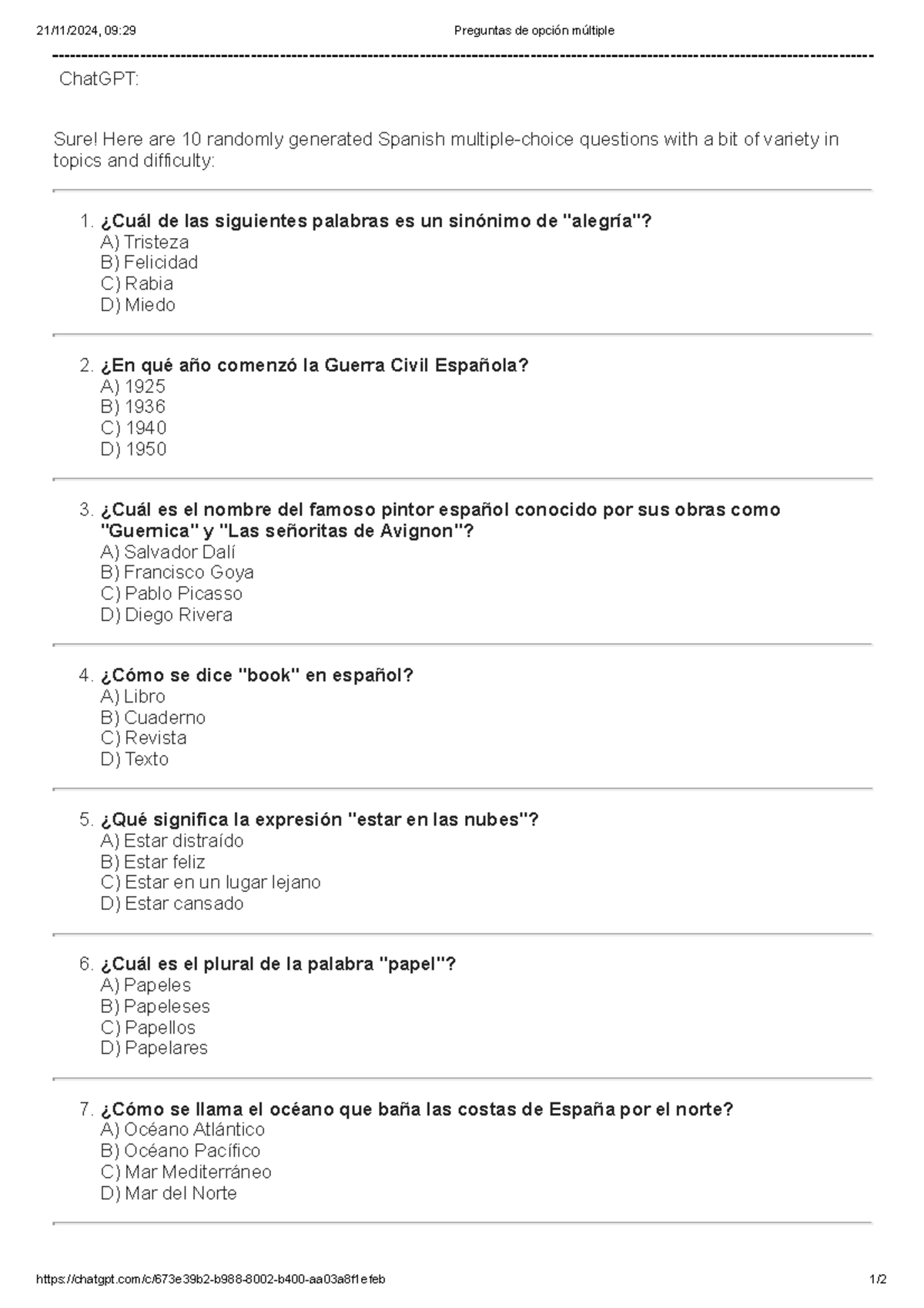 Spanish 123: Multiple Choice Questions for Understanding Concepts - Studocu