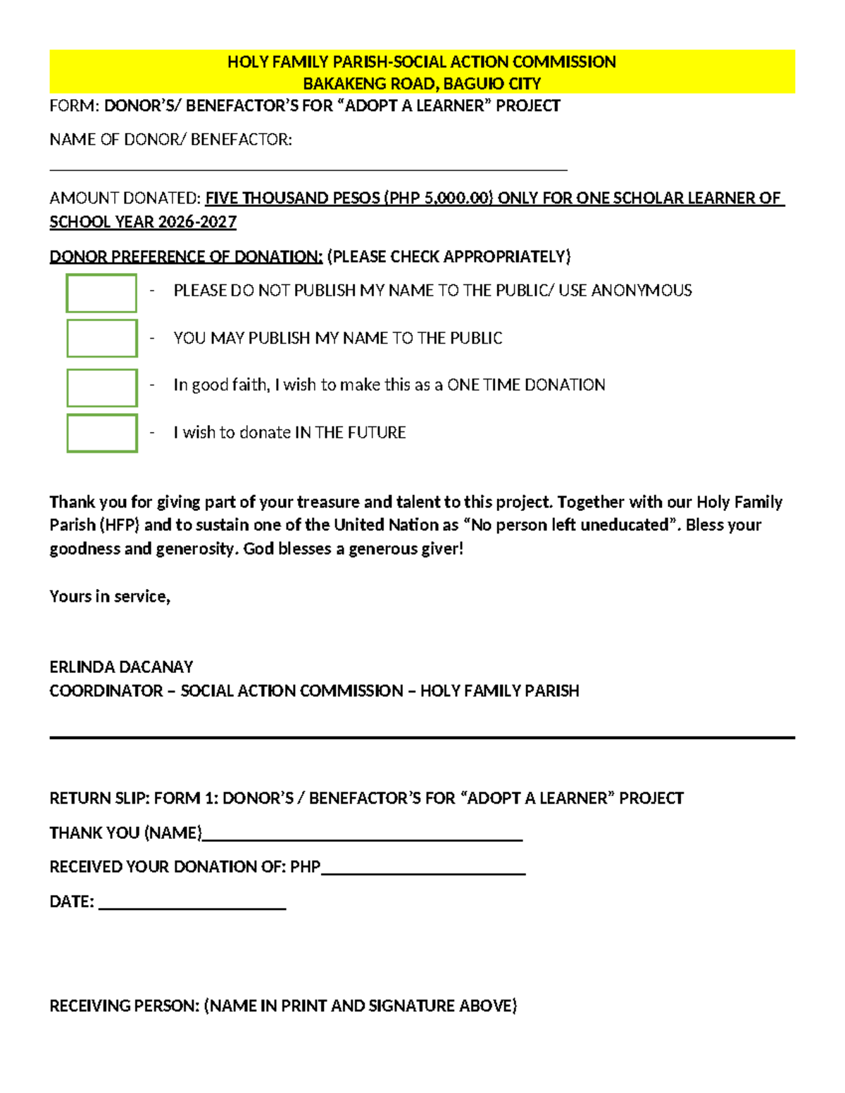 Donor Donation Form for Holy Family Action Commission - Studocu