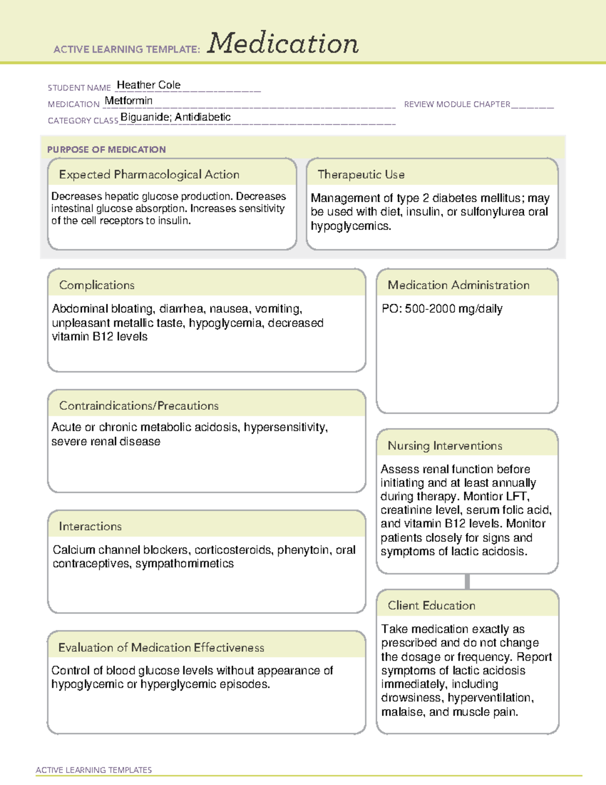 Metformin (Med150) - Drug Card Study Notes for Active Learning - Studocu