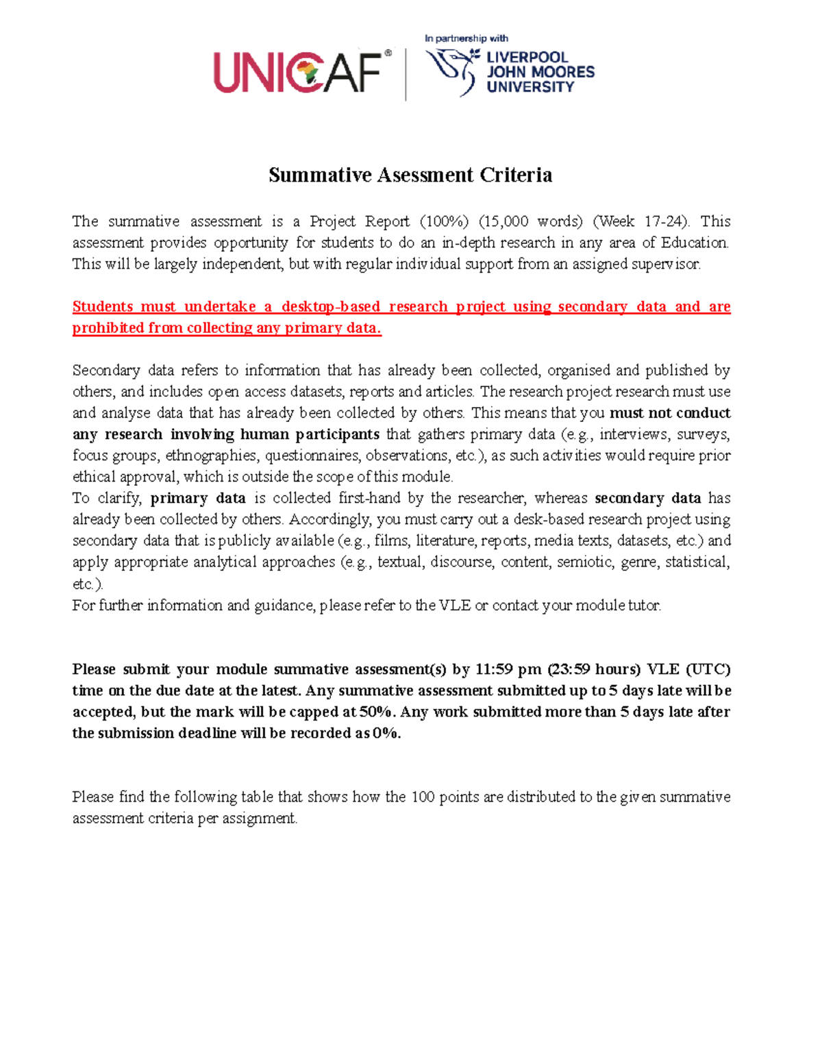Summative Assessment Criteria for Research Project Report (Week 5 ...