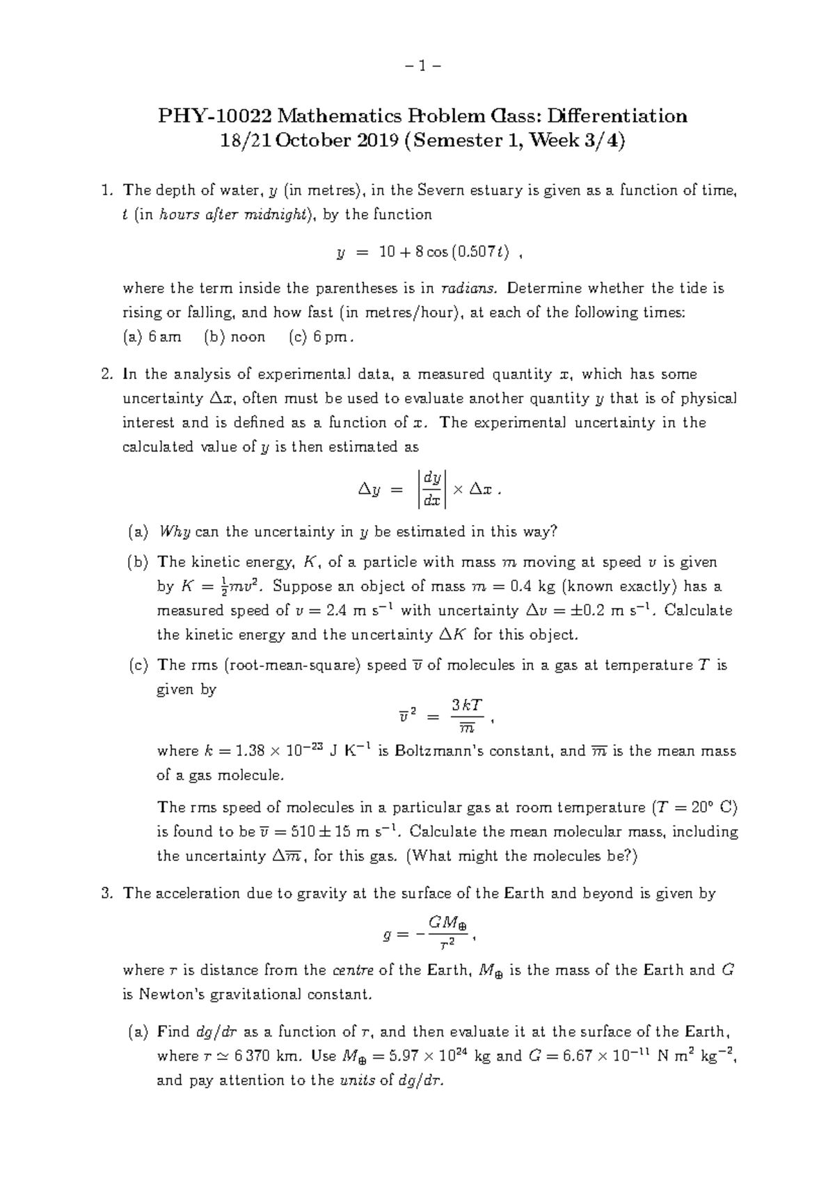 Problem Sheet - Differentiation - – 1 – PHY-10022 M athematics Problem ...