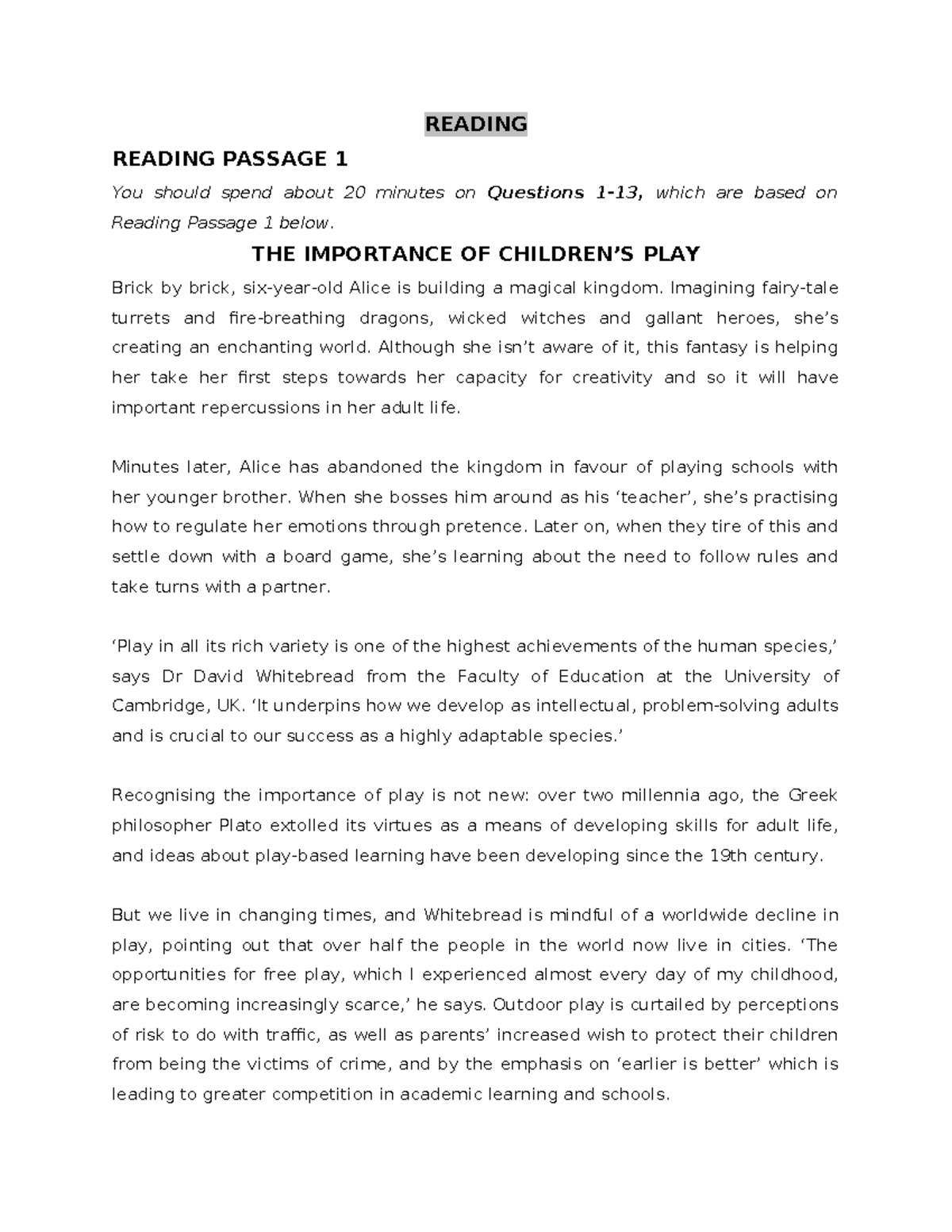 Reading Passage 1: The Importance of Play - ĐỀ 2 - Dược học - Studocu