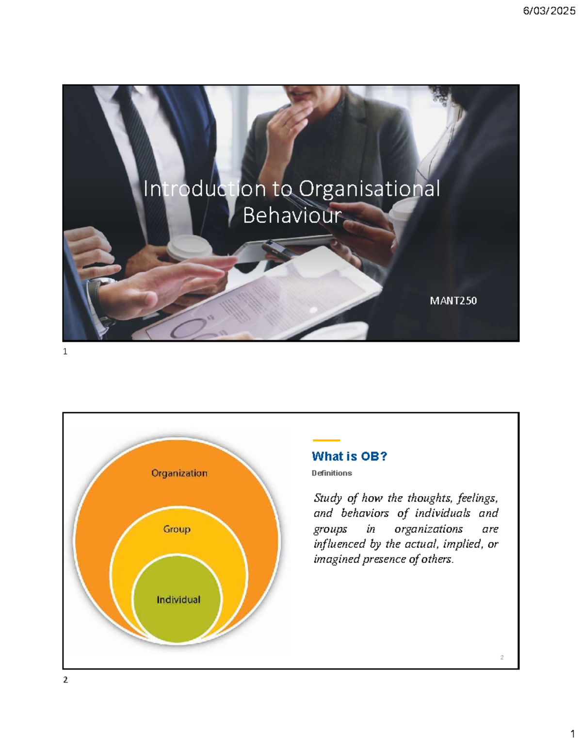 MANT250: Understanding Human Outputs in Organisational Behaviour - Studocu