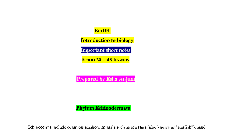 Bio101 Important Short Notes on Echinoderms and Chordates - Studocu
