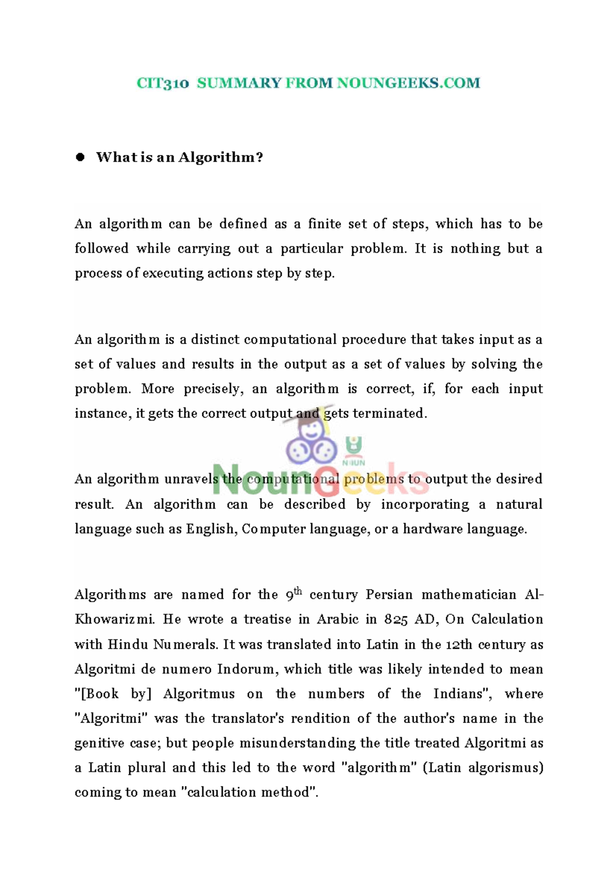 CIT310: Summary of Algorithms and Pseudocode Concepts - Studocu