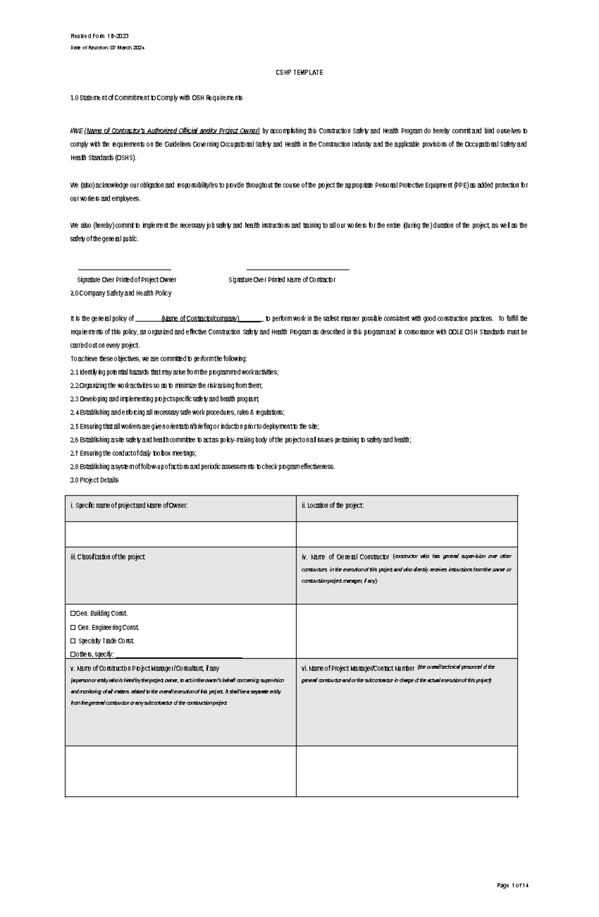 CSHP 1B - 2023 Construction Safety & Health Program Template - Studocu