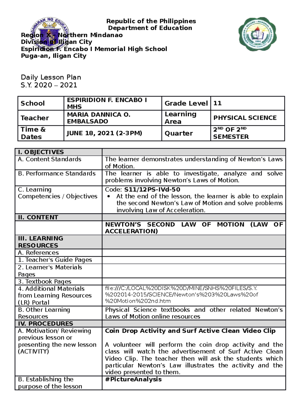COT 2 Physical Science - Detailed Lesson Plan on Newton's 2nd Law - Studocu
