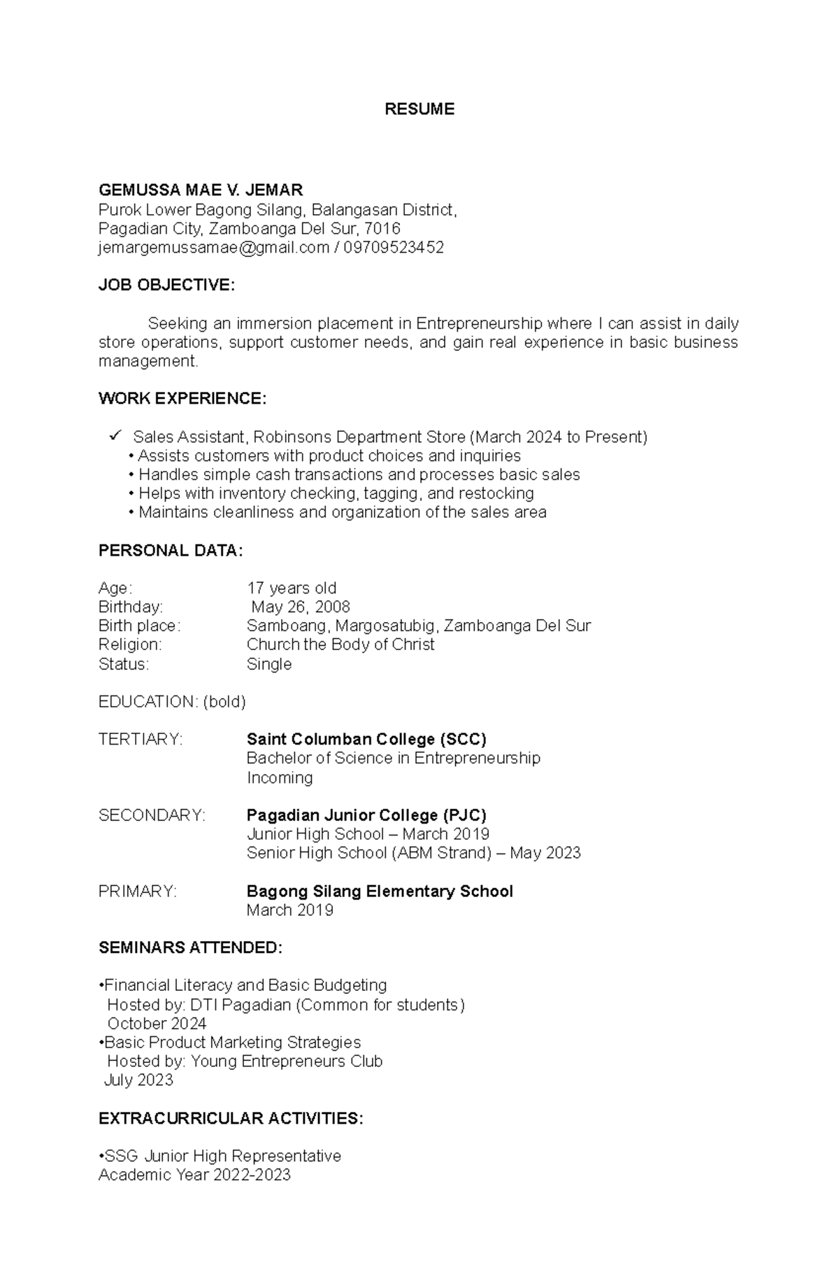 Application Letter & Reflections for Work Immersion in Entrep (BS ...