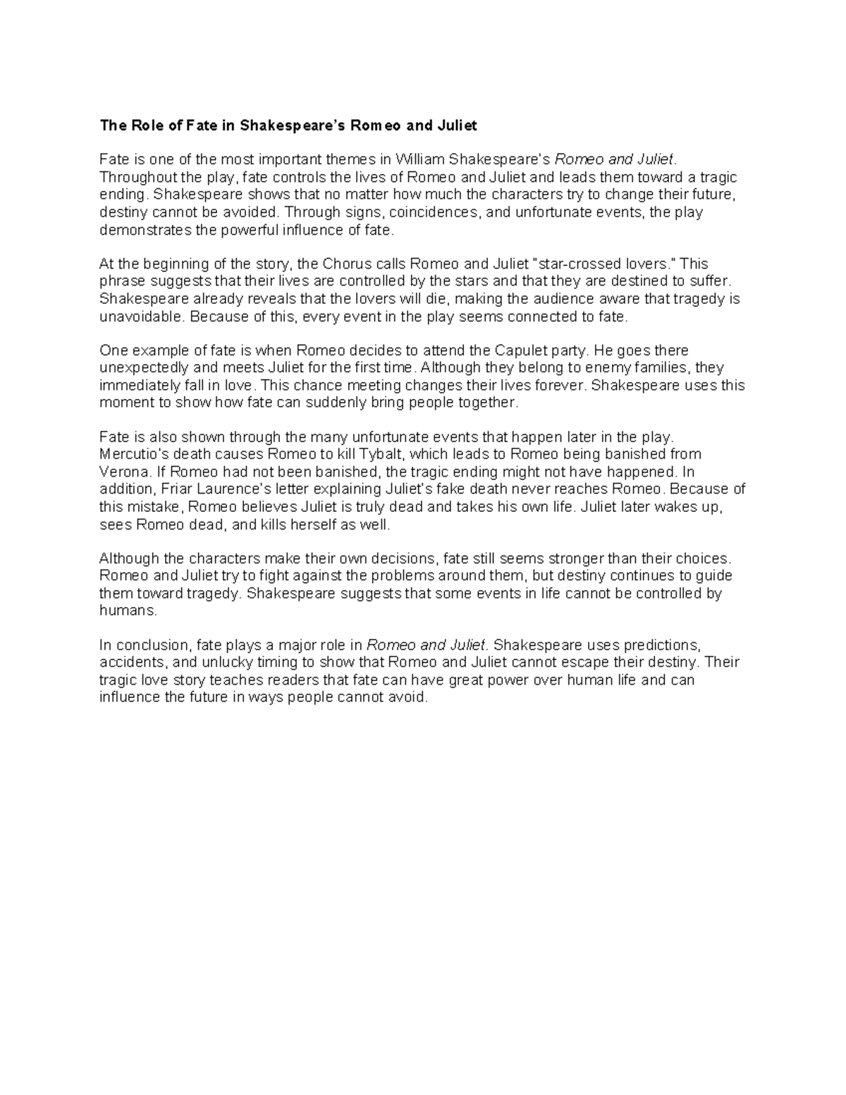 ENG 101 Essay: The Influence of Fate in Romeo and Juliet - Studocu