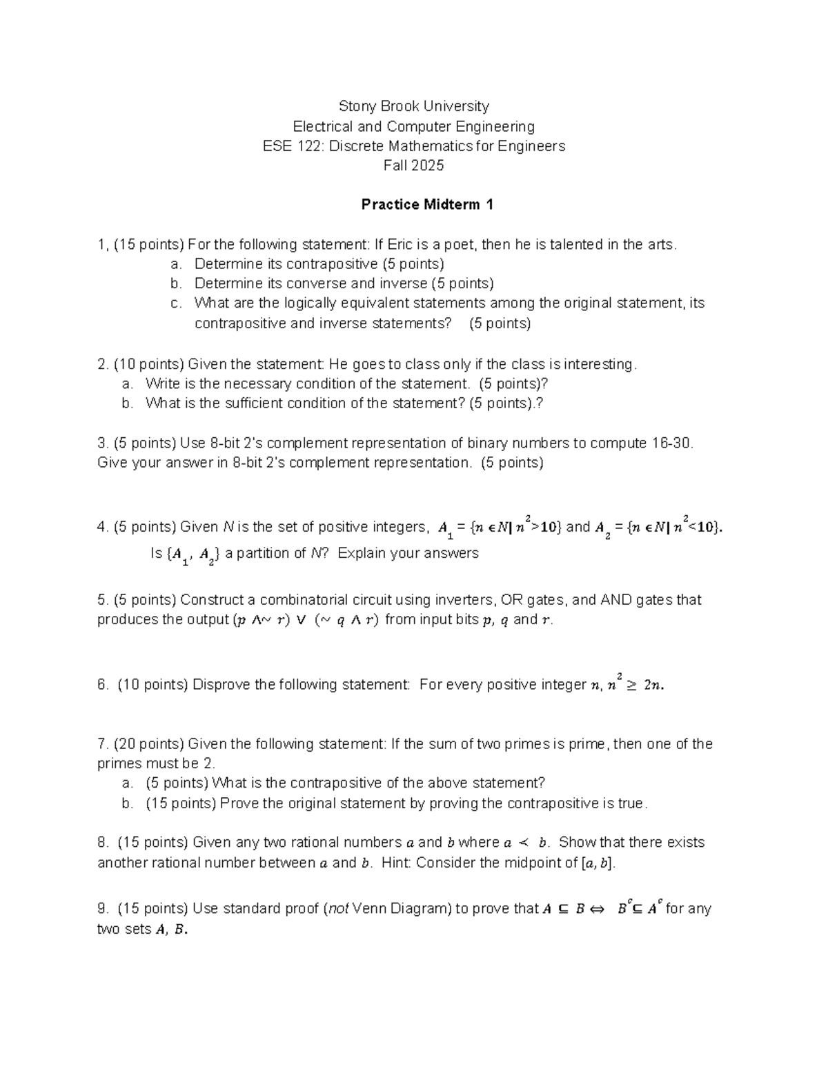 ESE 122: Discrete Math for Engineers Fall 2025 Practice Midterm 1 - Studocu
