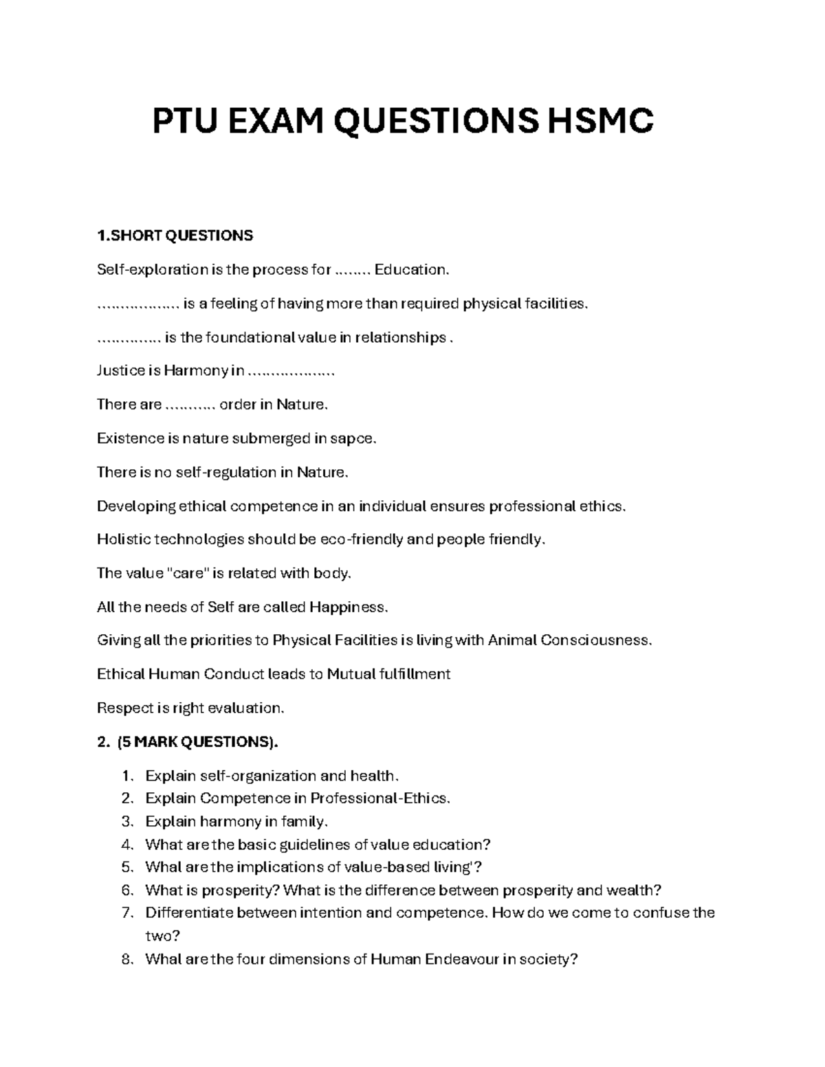 HSMC - Previous Year Exam Questions and Short Answers Guide - Studocu