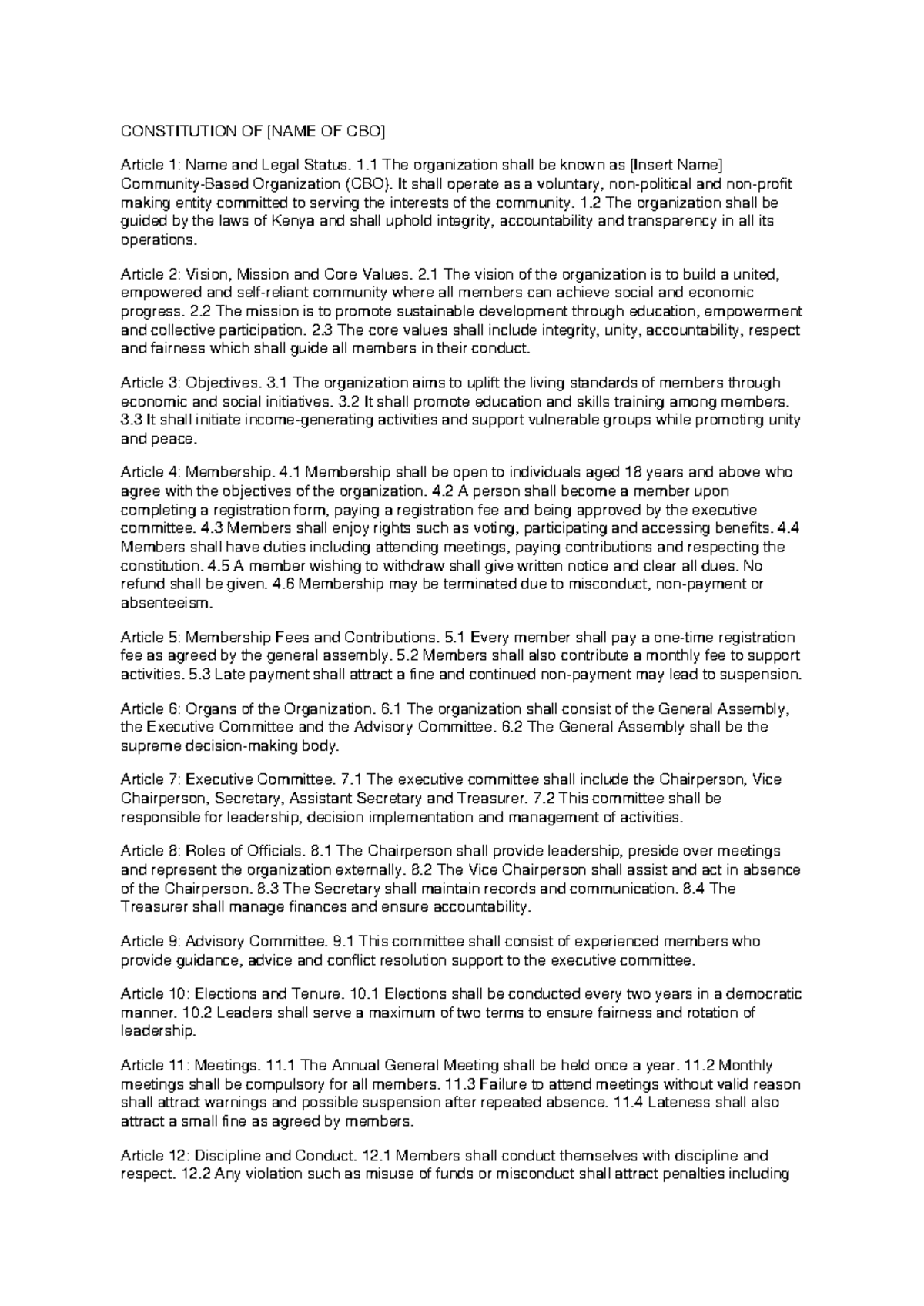 CBO Constitution: Structure, Objectives, and Membership Guidelines ...