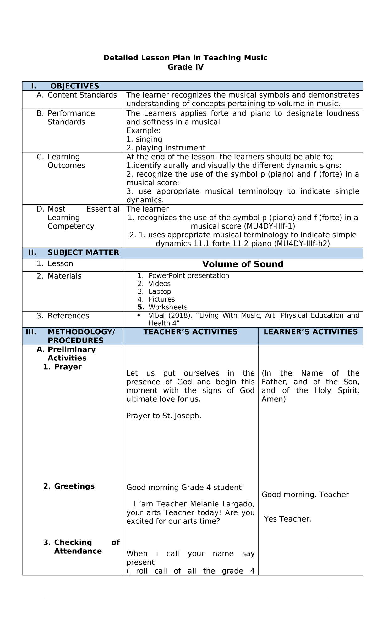 Detailed Lesson Plan (MU4DY-IIIf) - Exploring Sound Volume for Grade IV ...