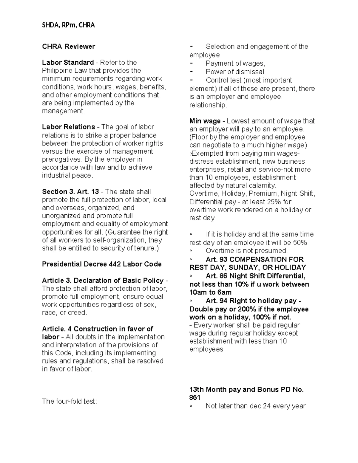 CHRA Reviewer: Key Labor Standards & Relations Notes - Studocu