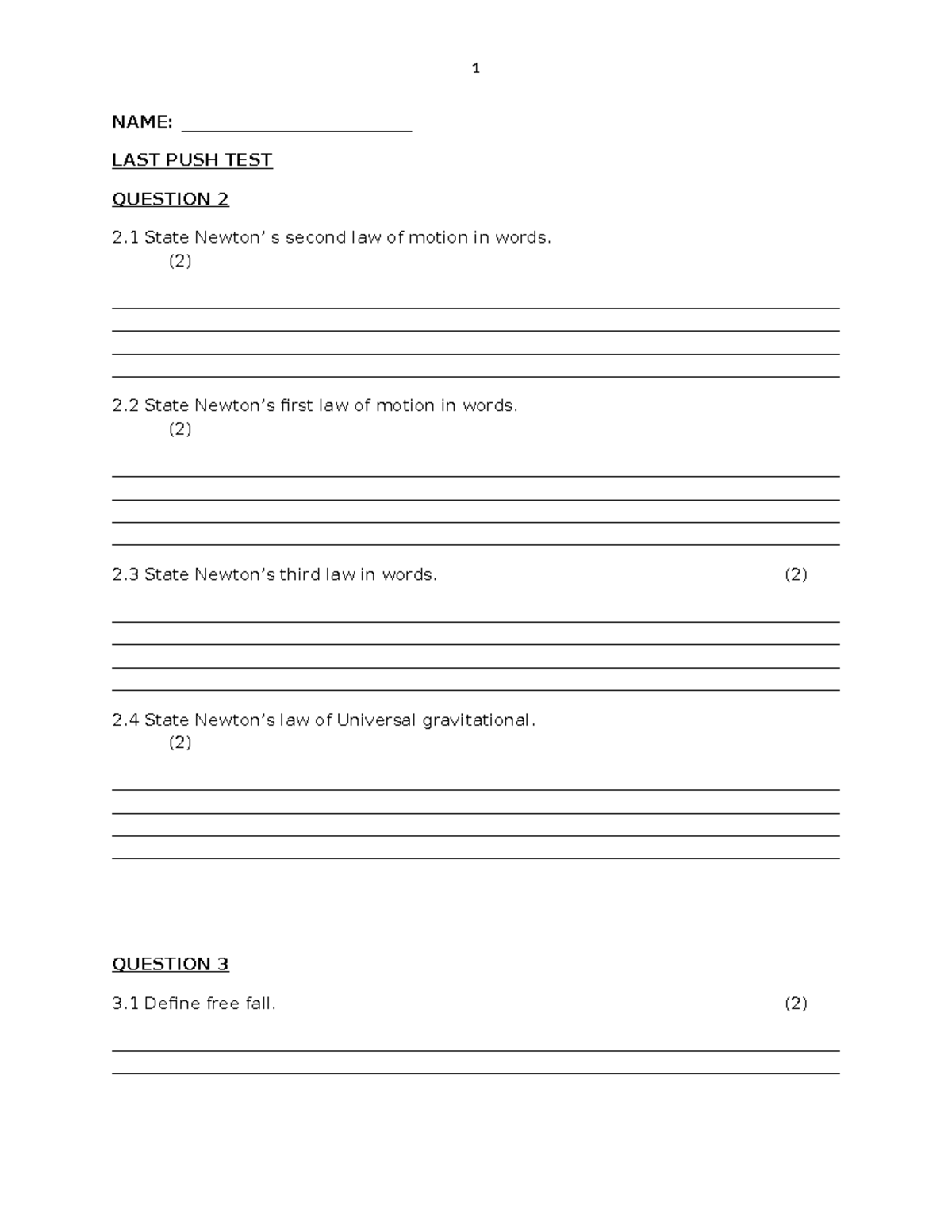 P1 Physics Worksheet: Laws of Motion & Energy Concepts - Studocu