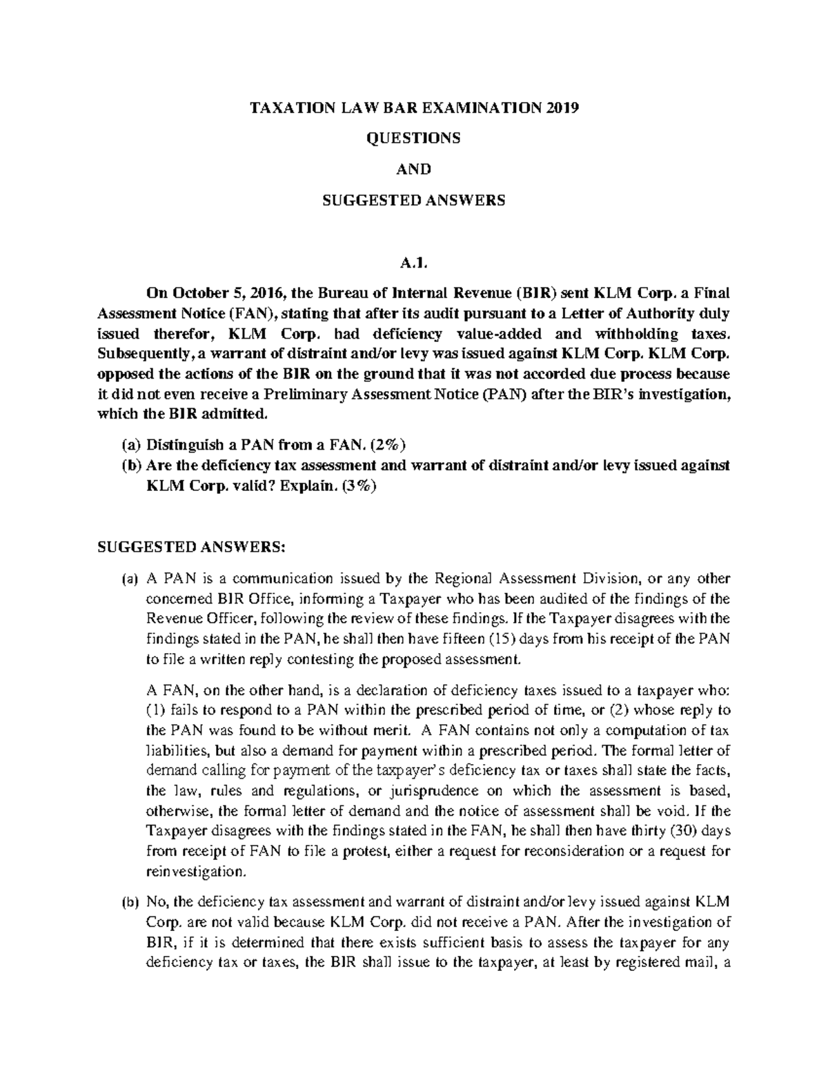 Taxation Law Bar Exam 2019: Suggested Answers and Explanations - Studocu