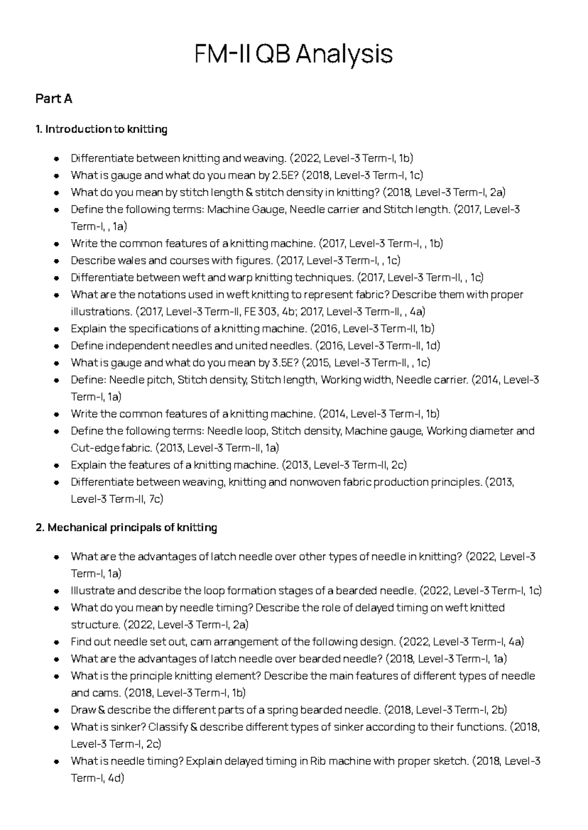 FM-II QB Analysis - Knitting Techniques and Machine Principles - Studocu
