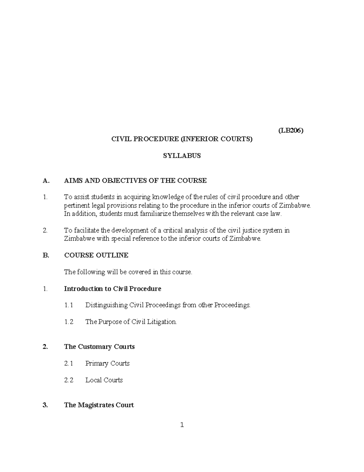 CIVIL PROCEDURE SYLLABUS (LB206) - INFERIOR COURTS OUTLINE - Studocu