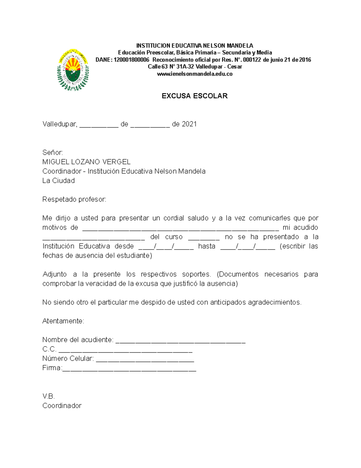 Formato de Excusa Escolar para Inasistencia Educativa - Studocu