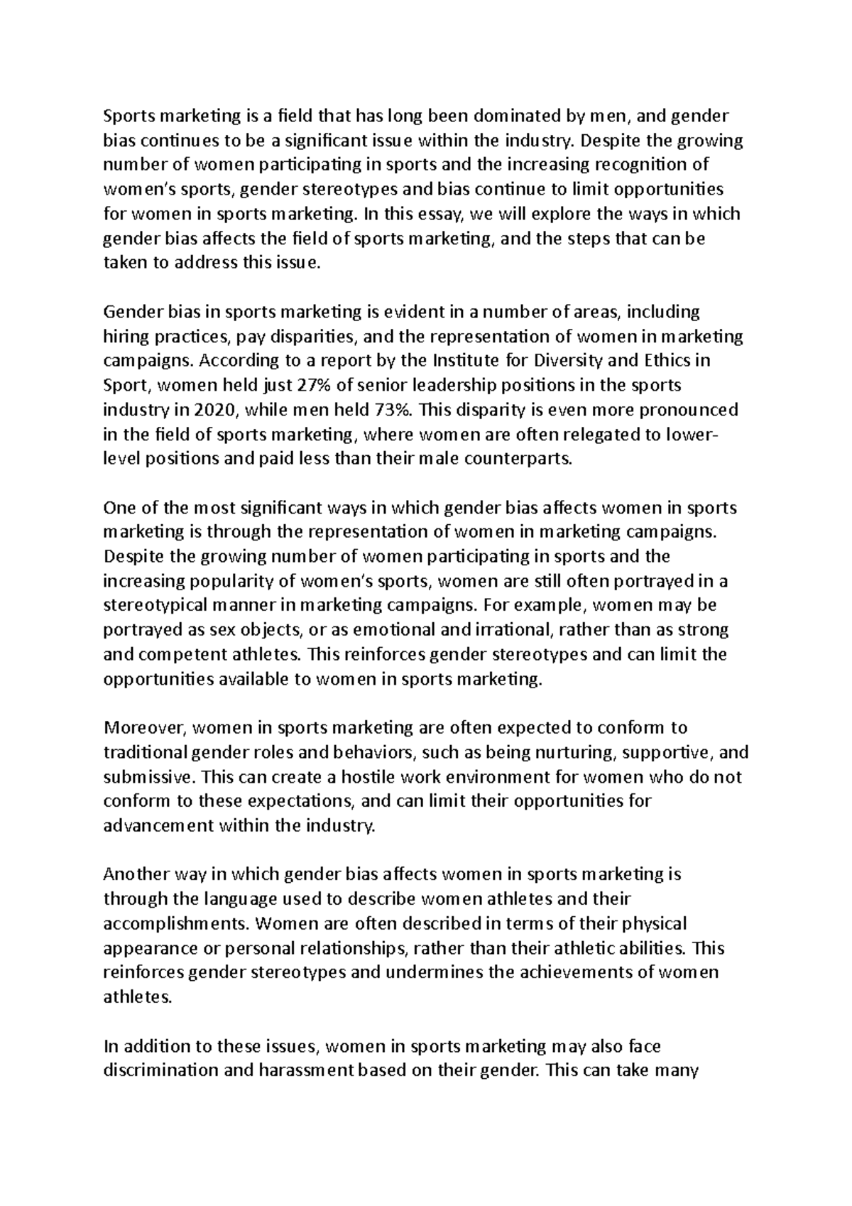 Essay on the gender bias - Sports marke,ng is a field that has long ...