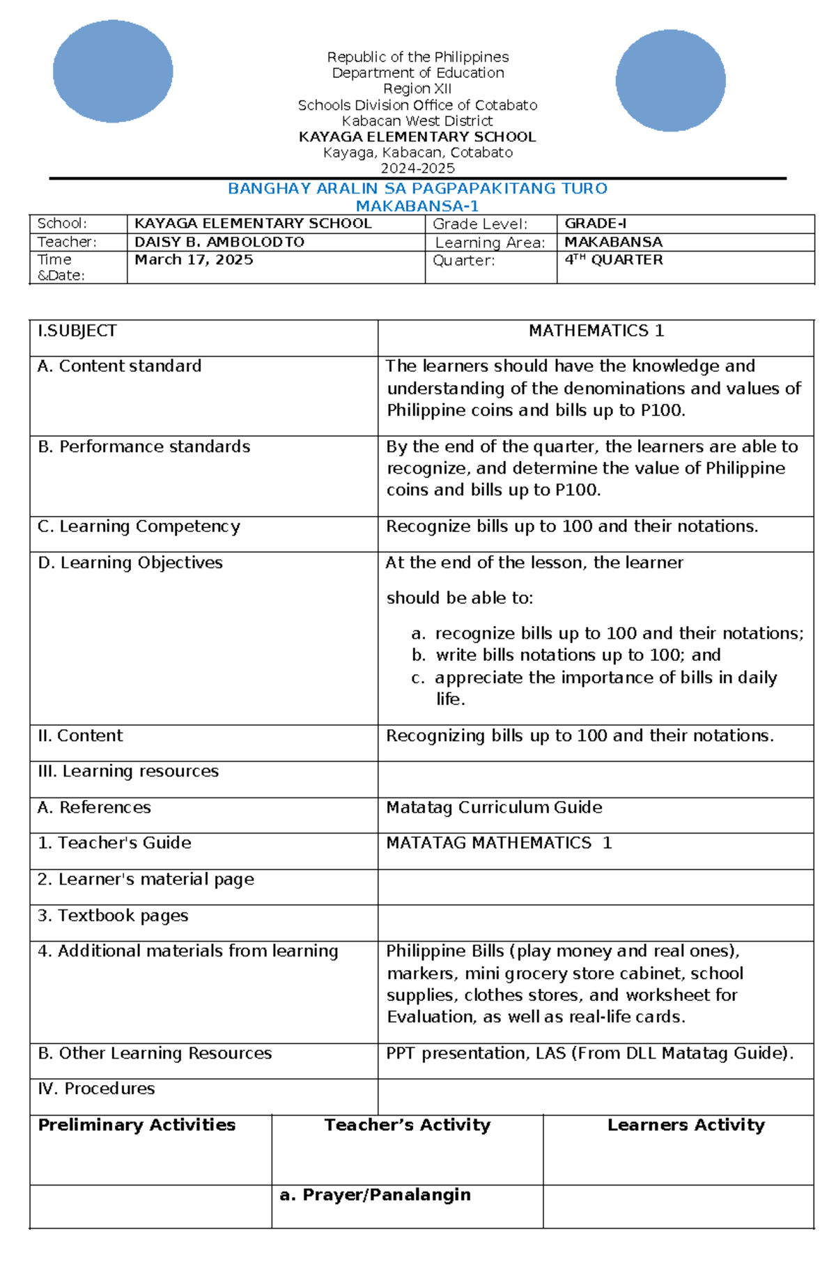 Banghay Aralin sa Pagpapakitang Turo: Matematika 1 (4th Quarter) - Studocu