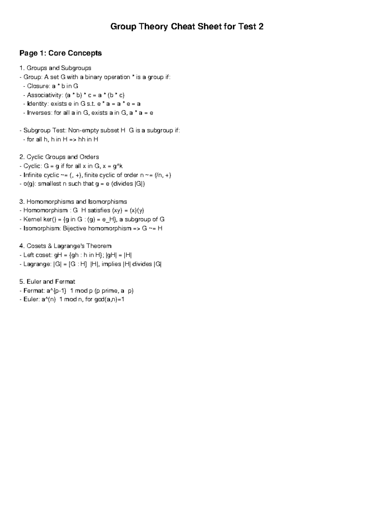 Group Theory Cheat Sheet for Test 2: Key Concepts and Definitions - Studocu