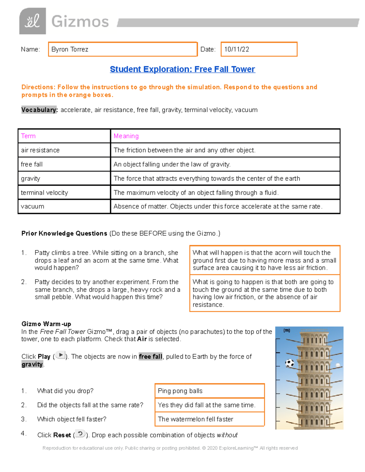 Exploring Free Fall: Tower Simulation Activities and Quiz - Studocu