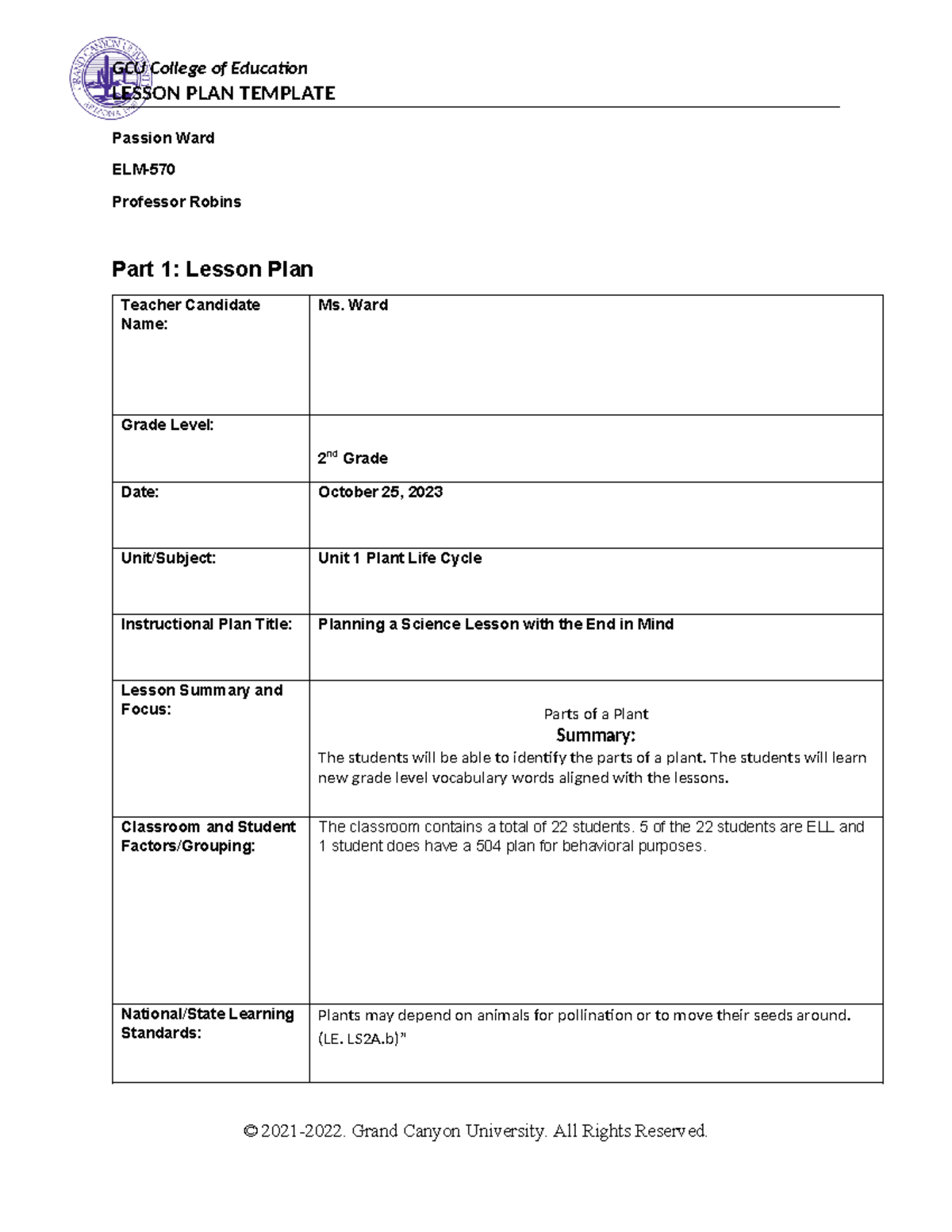 ELM- Plant Life Cycle - 2nd Grade Lesson Plan by Ms. Ward - Studocu