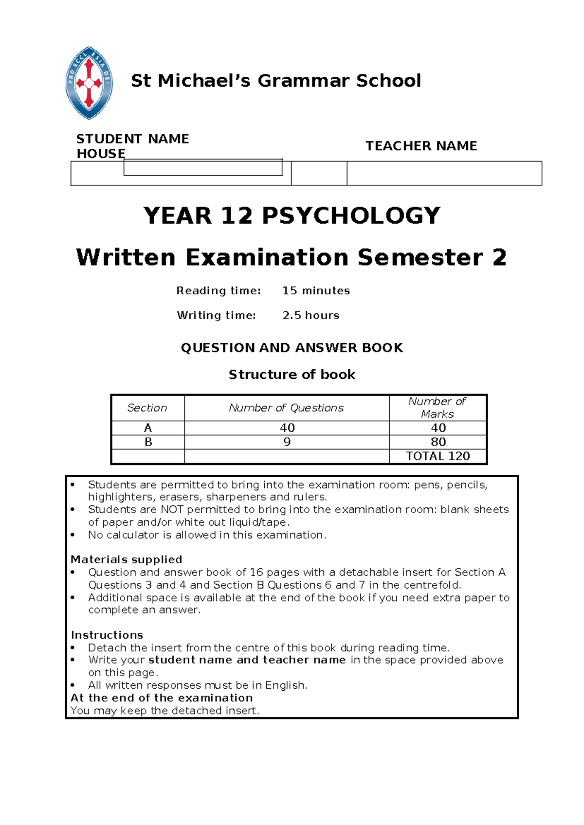 2023 - Year 12 Psych - Mid-Semester Trial Exam Question Booklet - Studocu