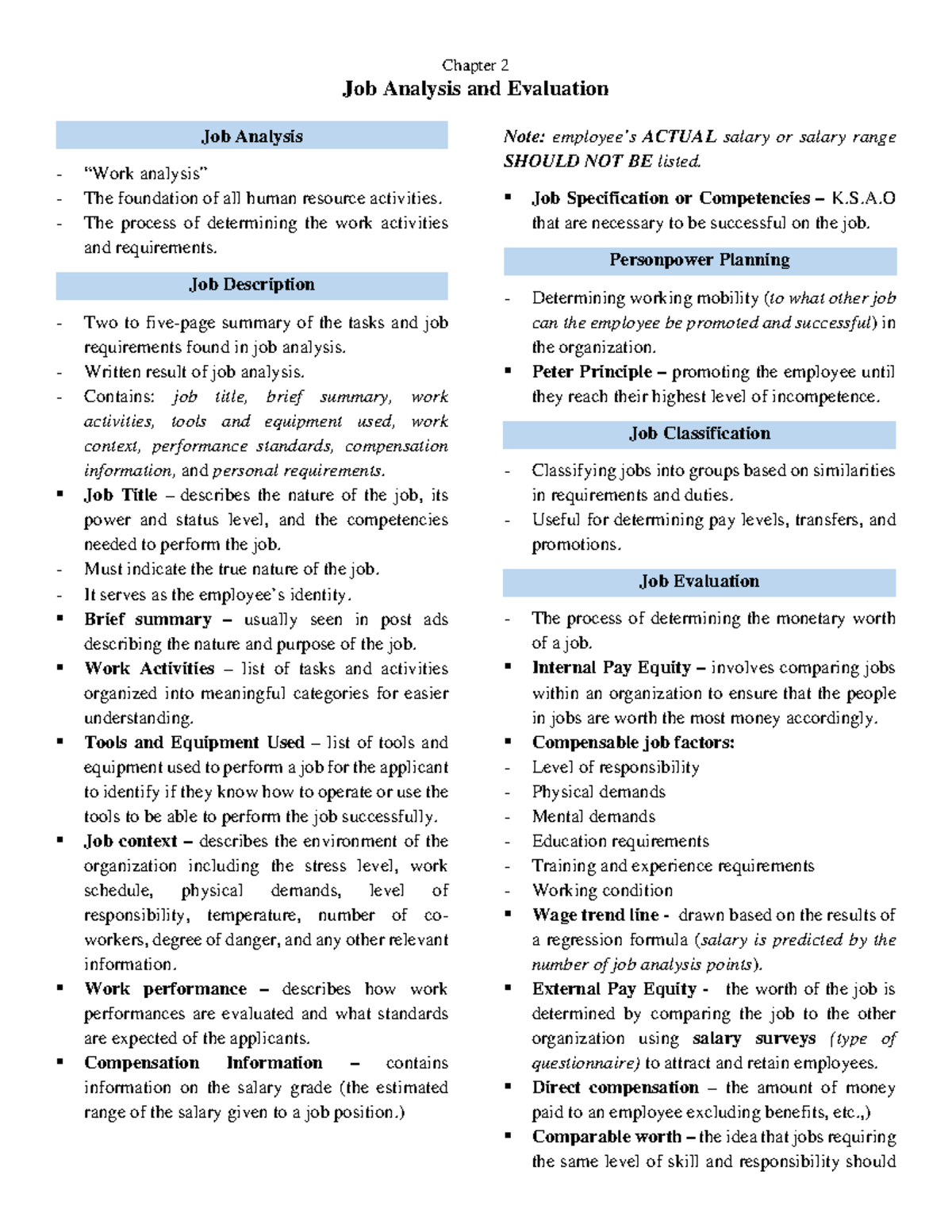 IO PSYCH Notes-chapter 2-5 - Job Analysis and Evaluation Job Analysis ...