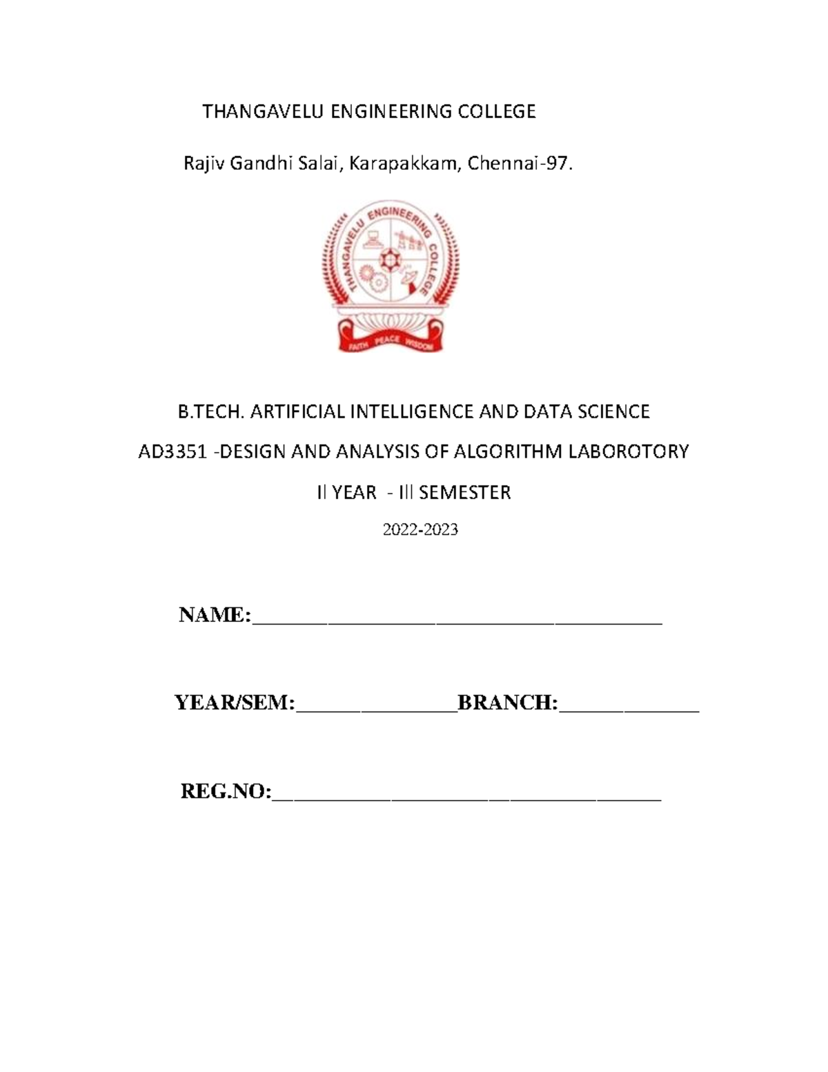 AD3351 - Lab Record for Algorithms in AI & Data Science - Studocu