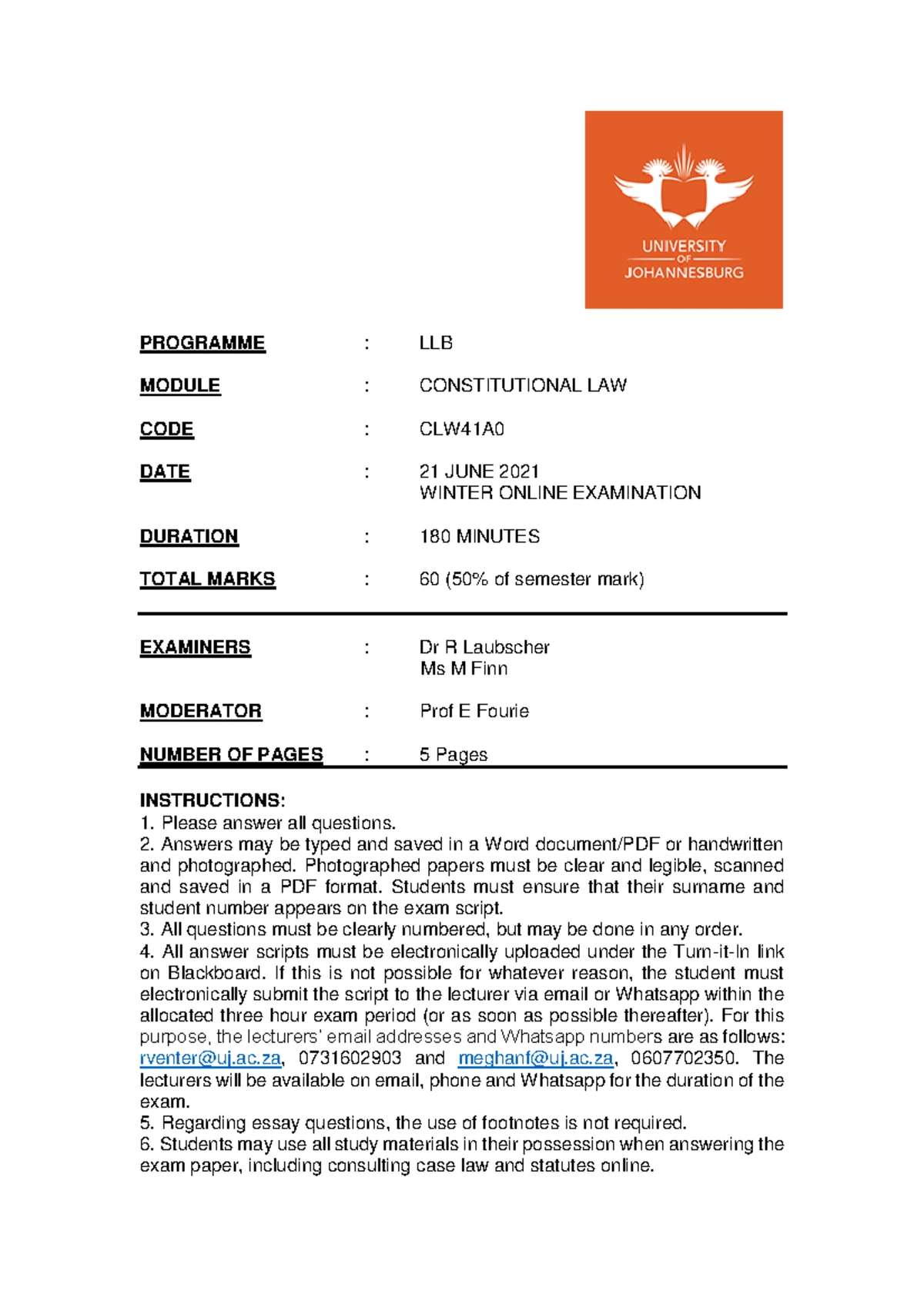 Con Law June exam 2020 past paper practice questions - PROGRAMME : LLB ...