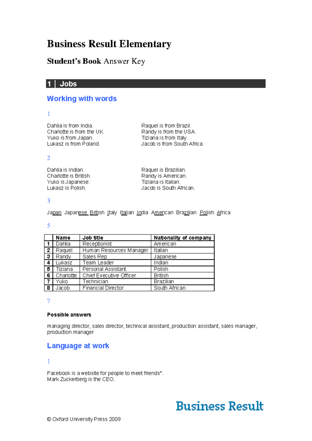 Business Result Elementary (A1) - Student's Book Answer Key - Studocu