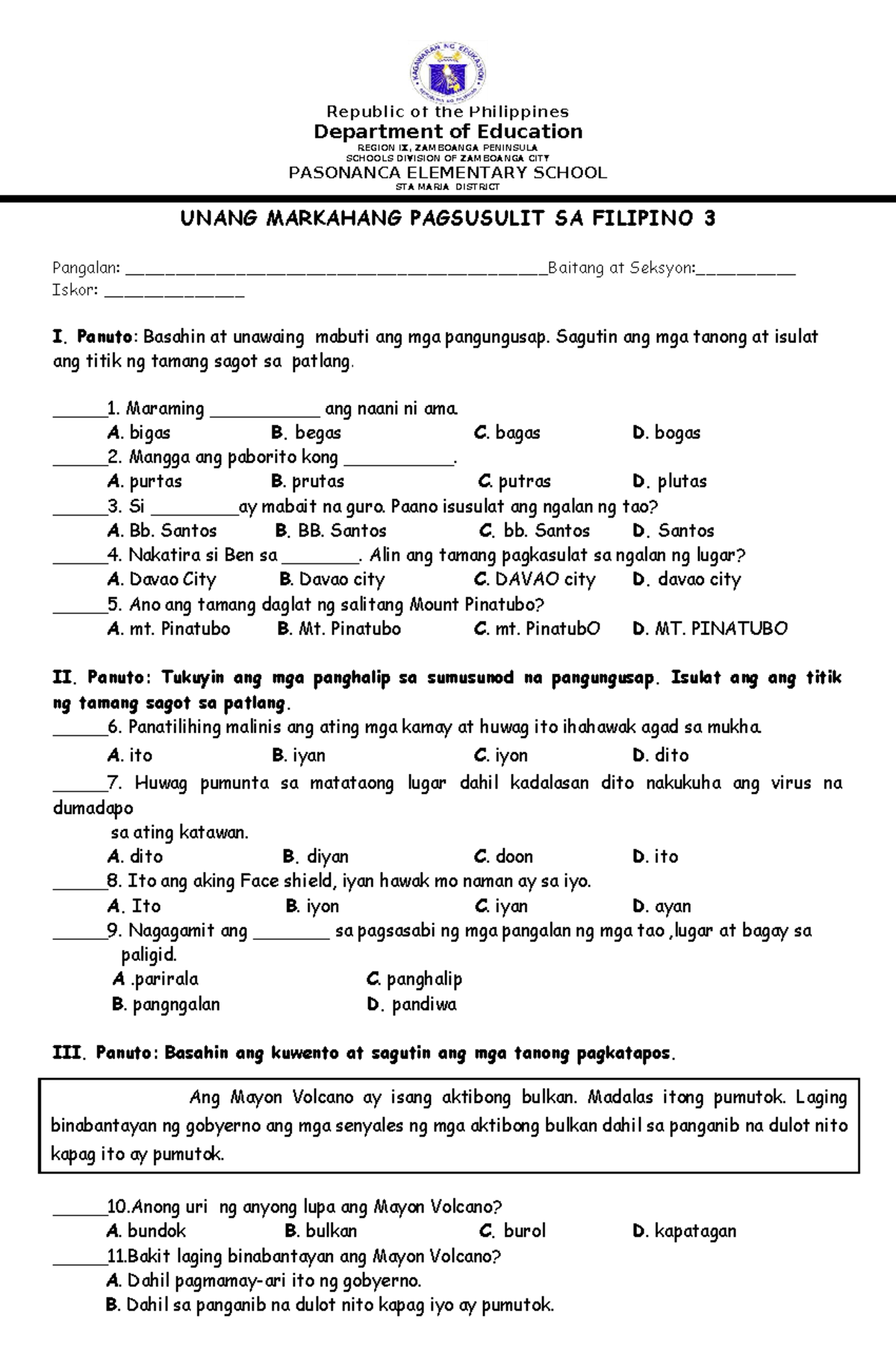 PT Filipino-3 Unang Markahang Pagsusulit sa Filipino 3 - Studocu