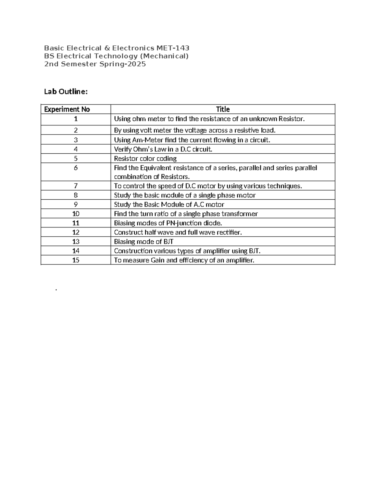 Basic Electrical Electronics Lab Outline - BS Electrical Tech 2nd Sem - Studocu