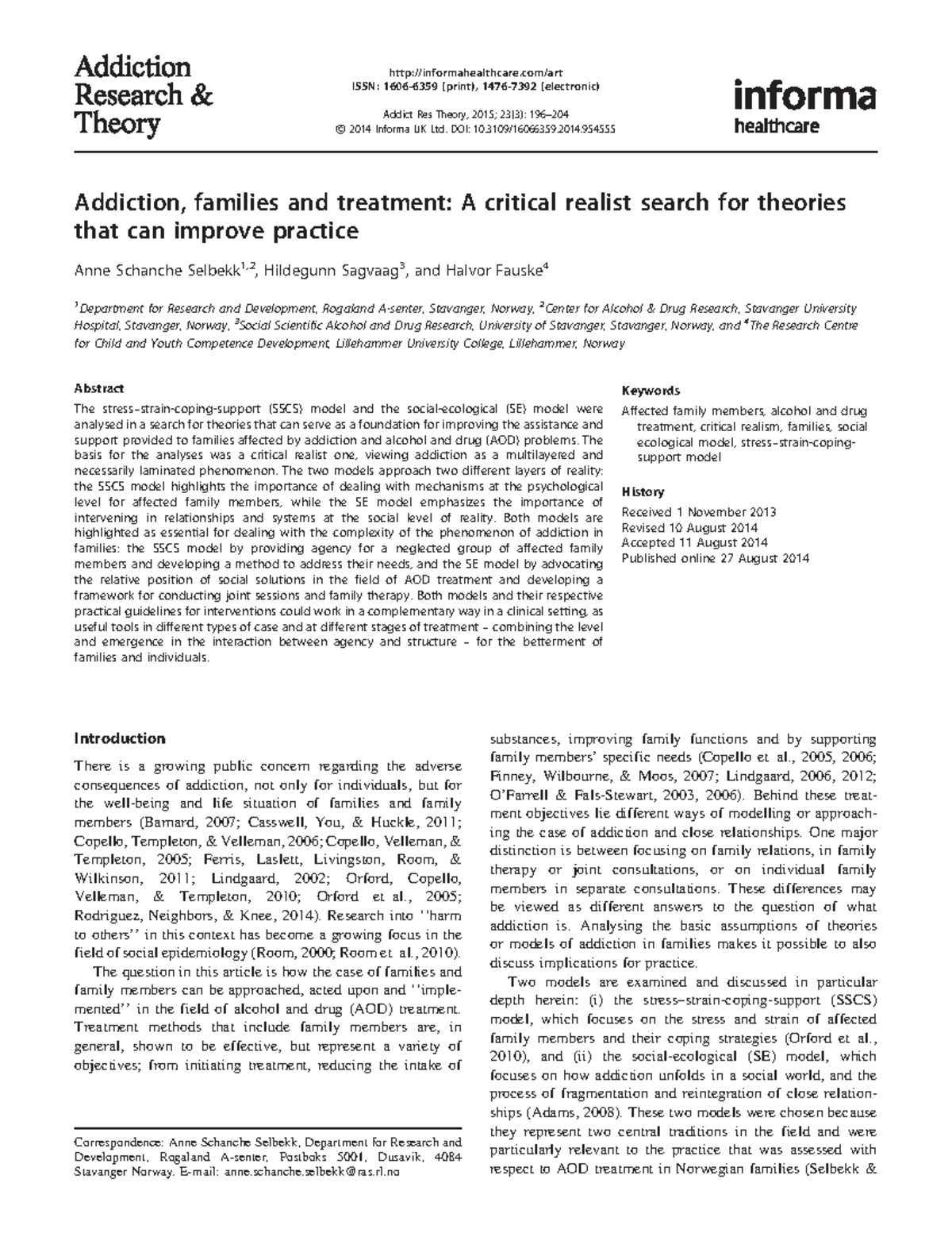 Addiction and Family Dynamics: The SSCS and SE Models in AOD Treatment ...