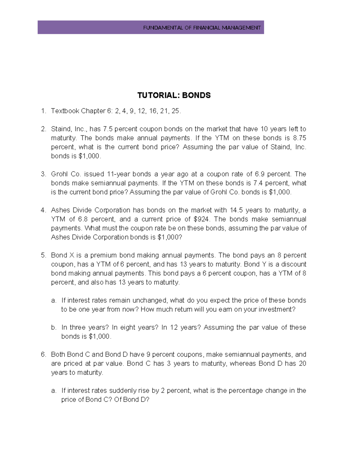 FM Tutorial: Bonds 2023 - Exercise Problems and Solutions - Studocu