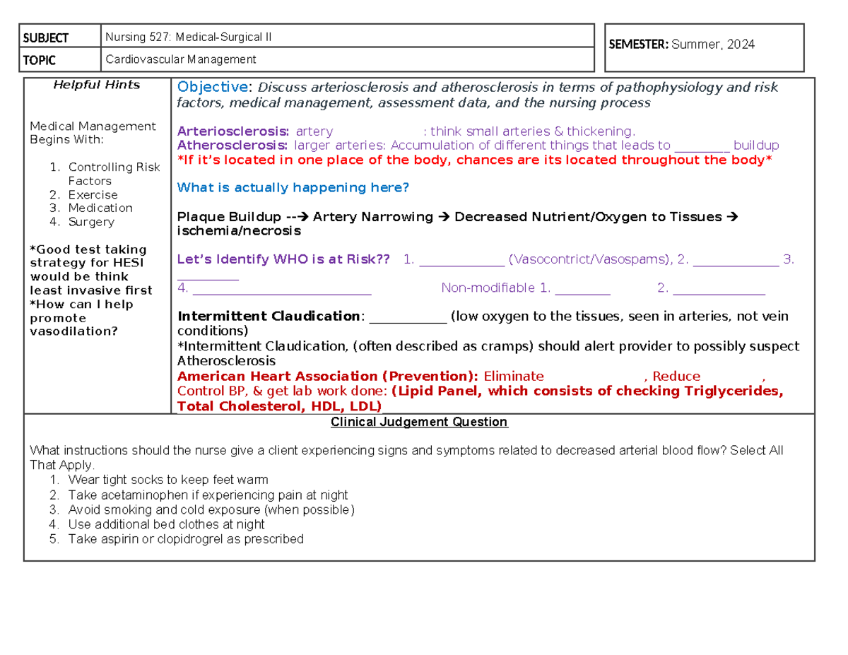 Student Notes: Week 2 - Unit 2 on Cardiovascular Management (Summer ...